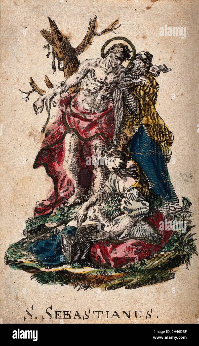 Martyrdom of Saint Sebastian. Coloured etching Stock Photo - Alamy
