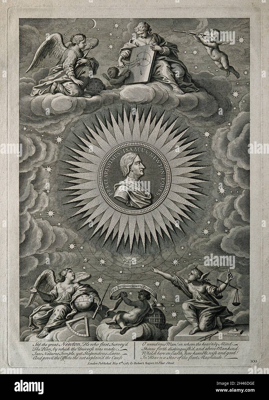 Sir Isaac Newton. Line engraving by G. Bickham, senior, 17 Stock Photo ...