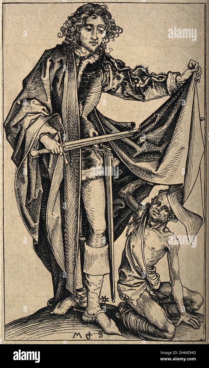 Saint Martin of Tours: he divides his cloak with a poor man. Etching ...