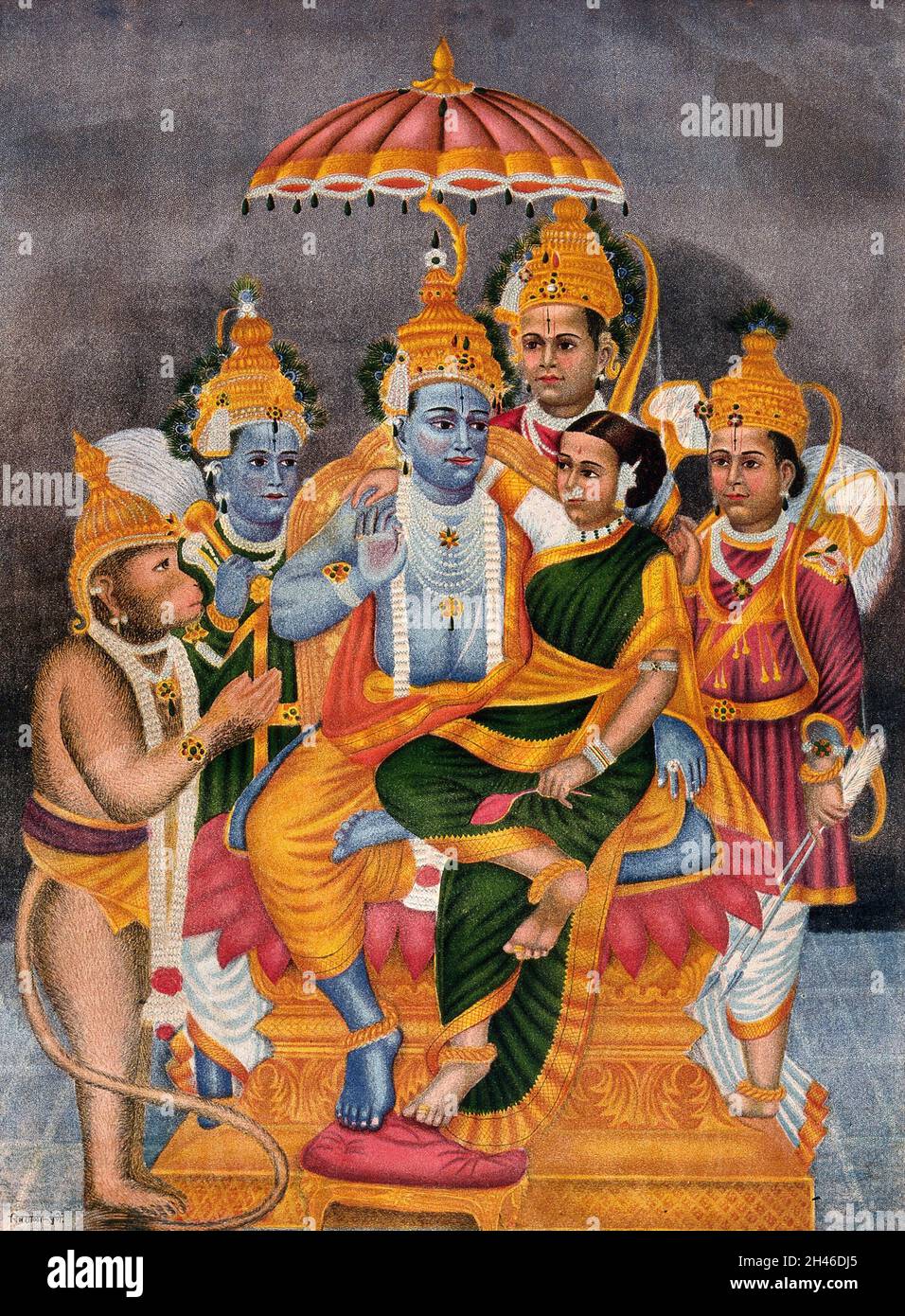 Rama enthroned with Sita surrounded by Hanuman, Garuda, Krishna and one ...
