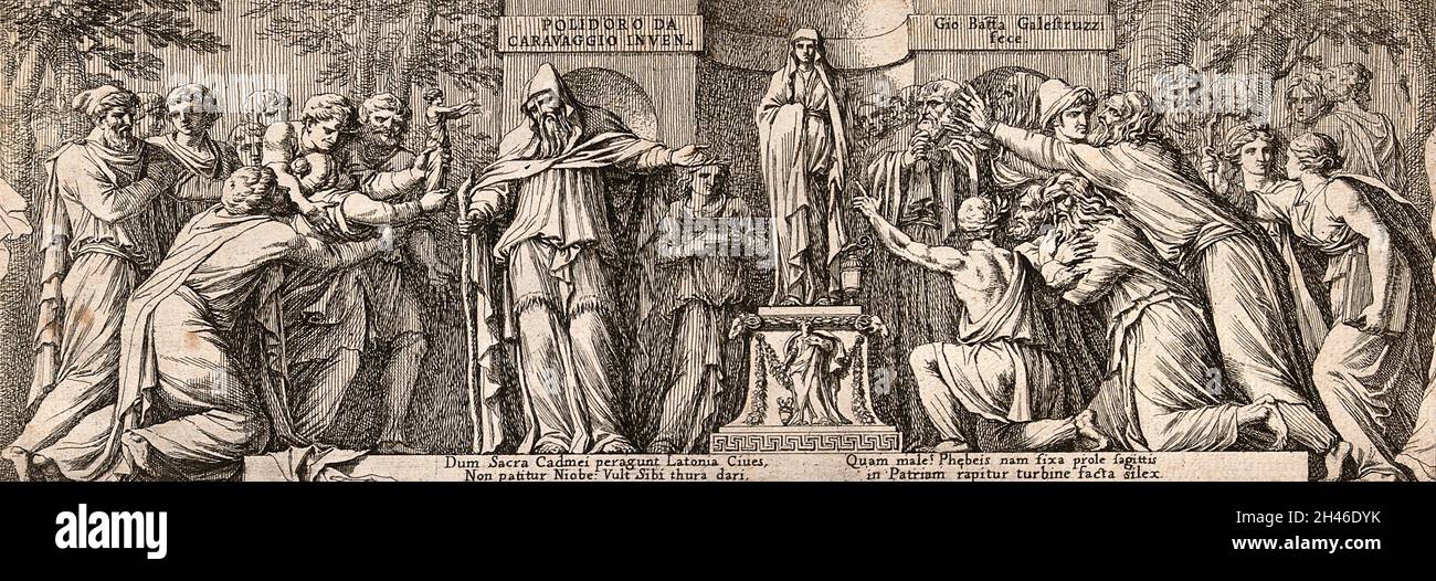 Pagans worshipping a statue of Latona in preference to Niobe. Etching ...