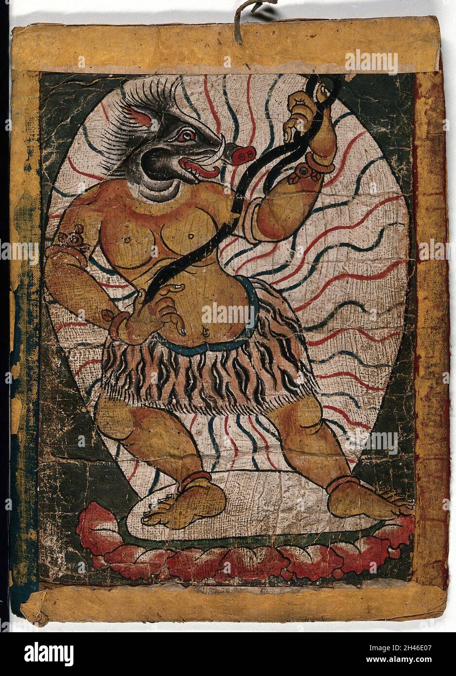 A Tibetan demon with a boar's head, pulling a black rope (?). Gouache ...