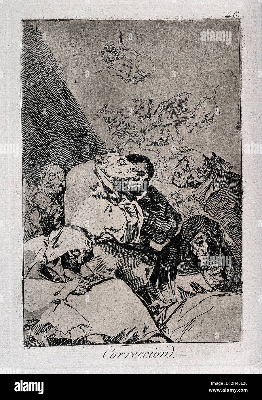 Human figures, some with animal heads, praying. Etching by F. Goya ...