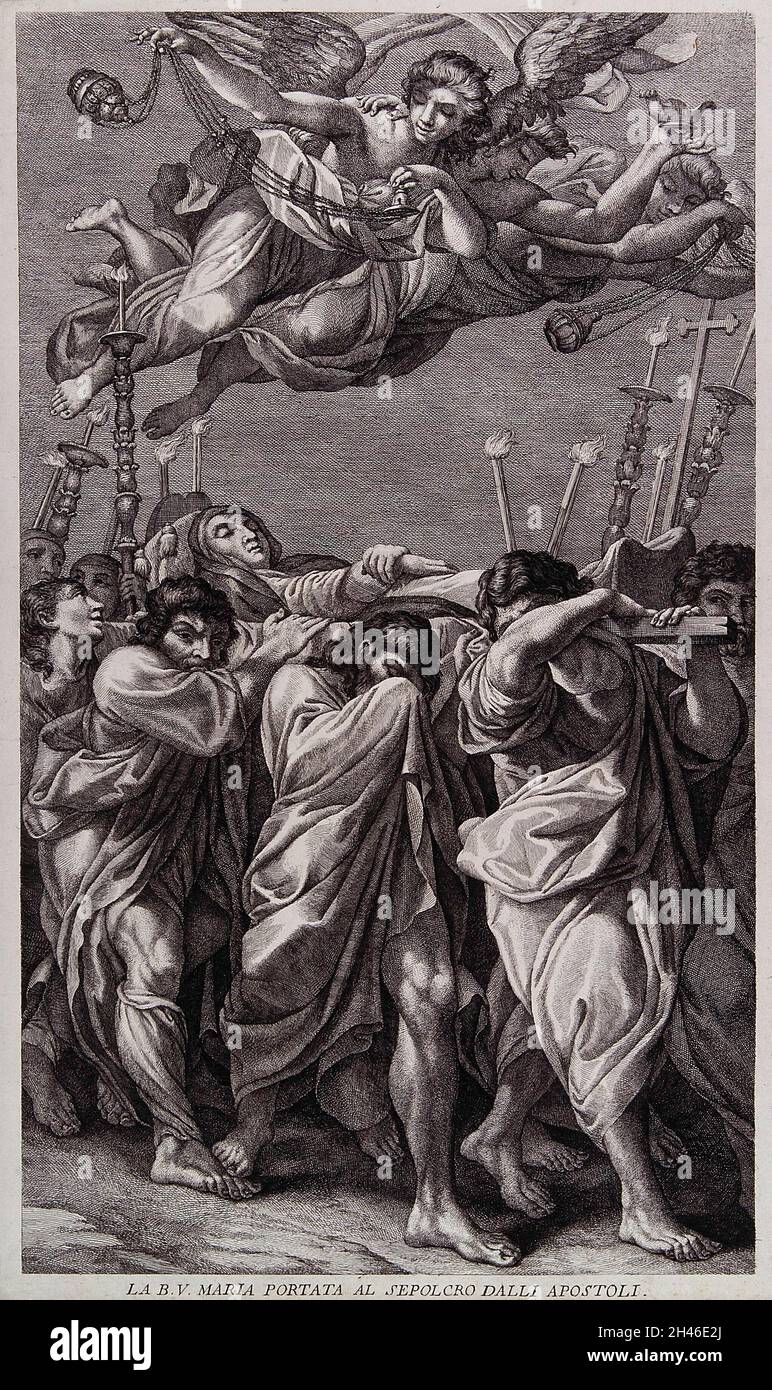 The Virgin Mary carried to the grave by the apostles. Etching Stock ...