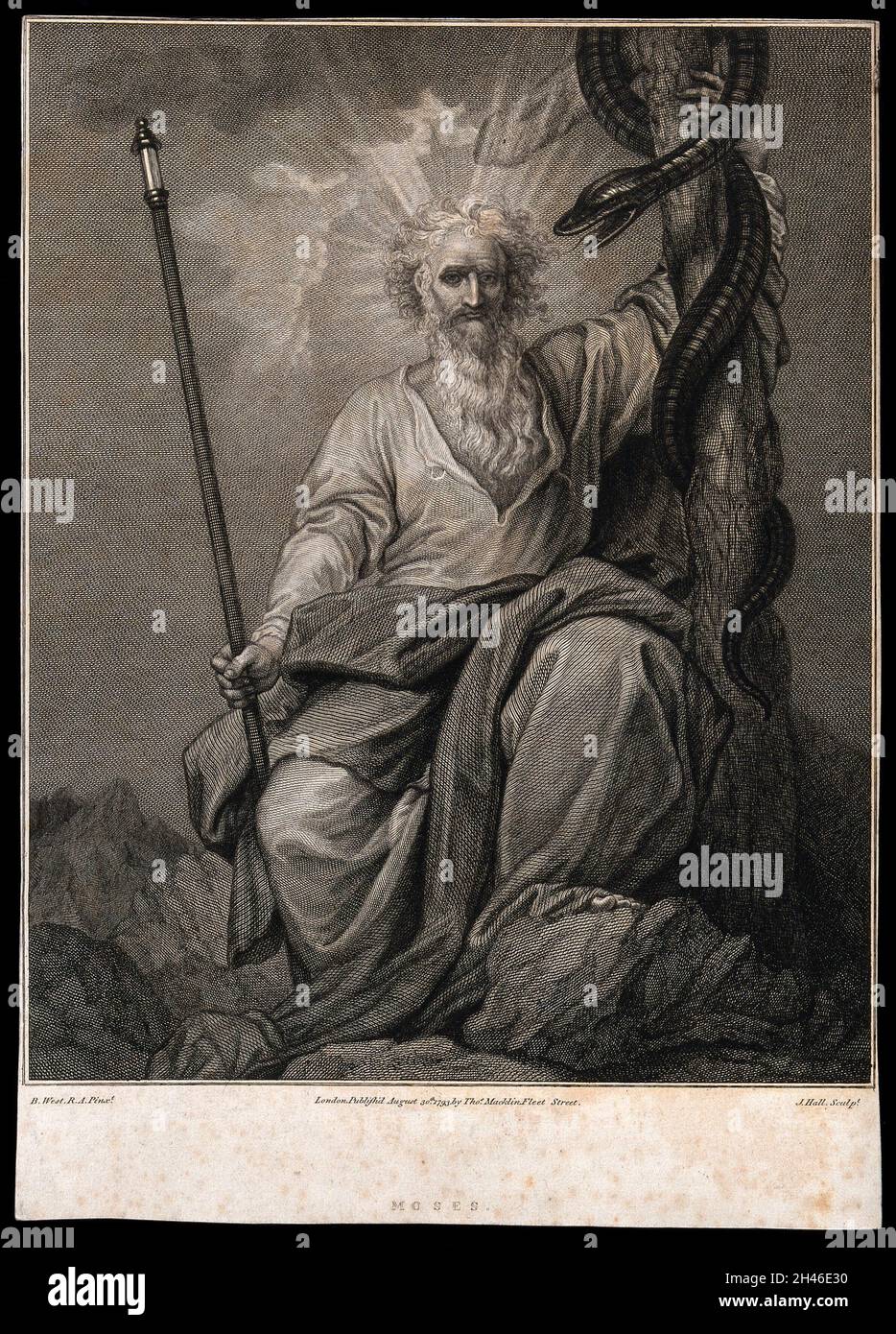 Moses with his rod and his brazen serpent. Engraving by J. Hall, 1793 ...