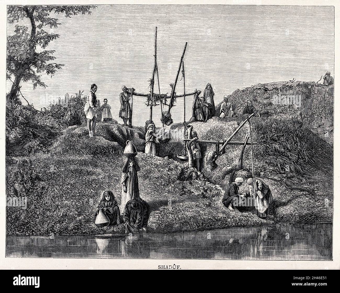 Method of raising water from a river. Wood engraving Stock Photo - Alamy