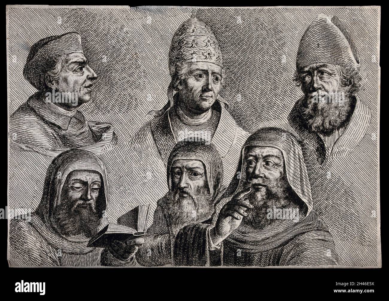 A pope, a cardinal, a bishop and three monks. Engraving Stock Photo - Alamy