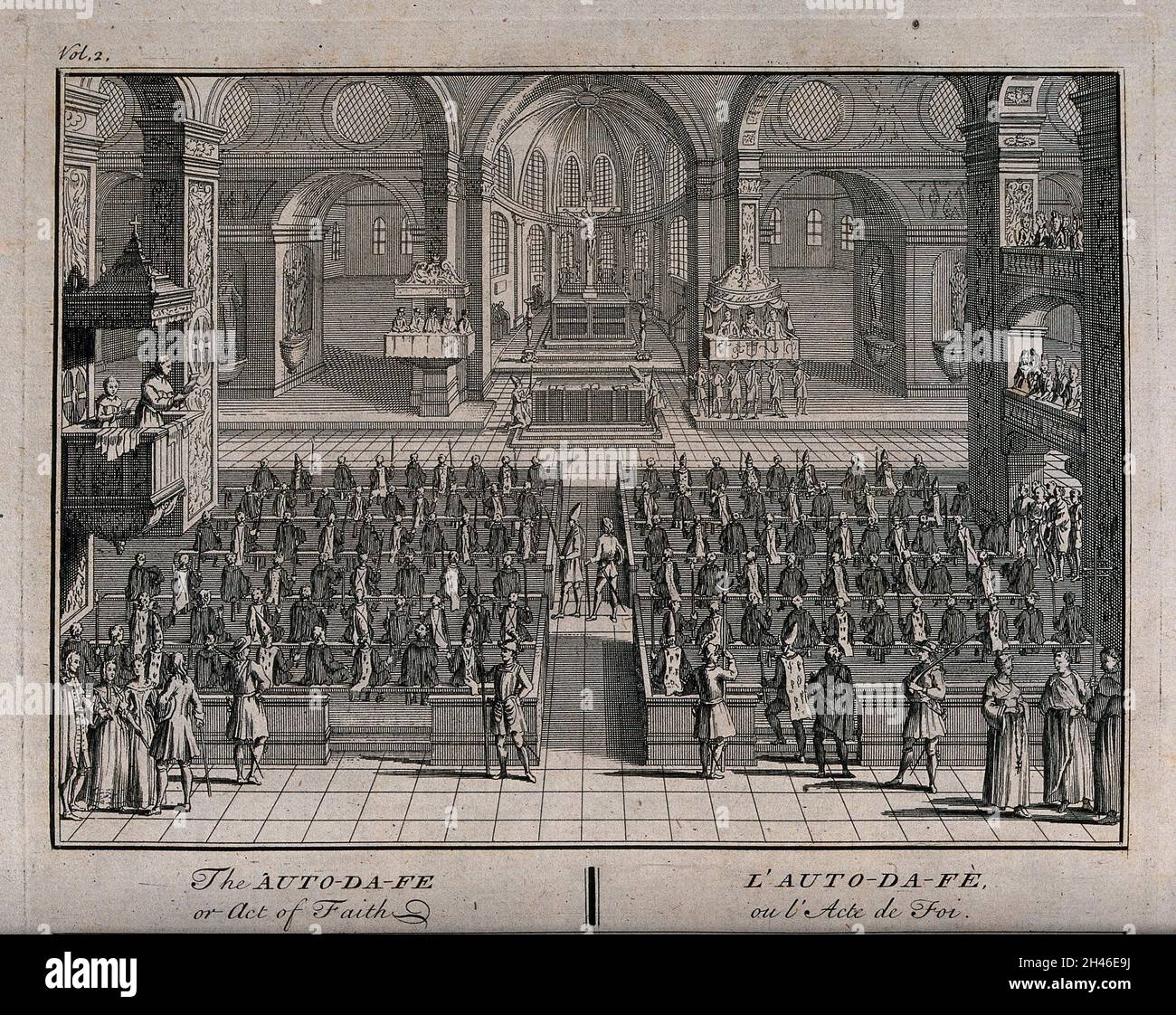 An auto-da-fé of the Spanish Inquisition held in a church. Engraving by ...