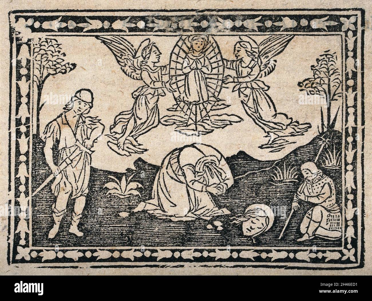 The decapitation of a saint; the spirit being received by two angels ...