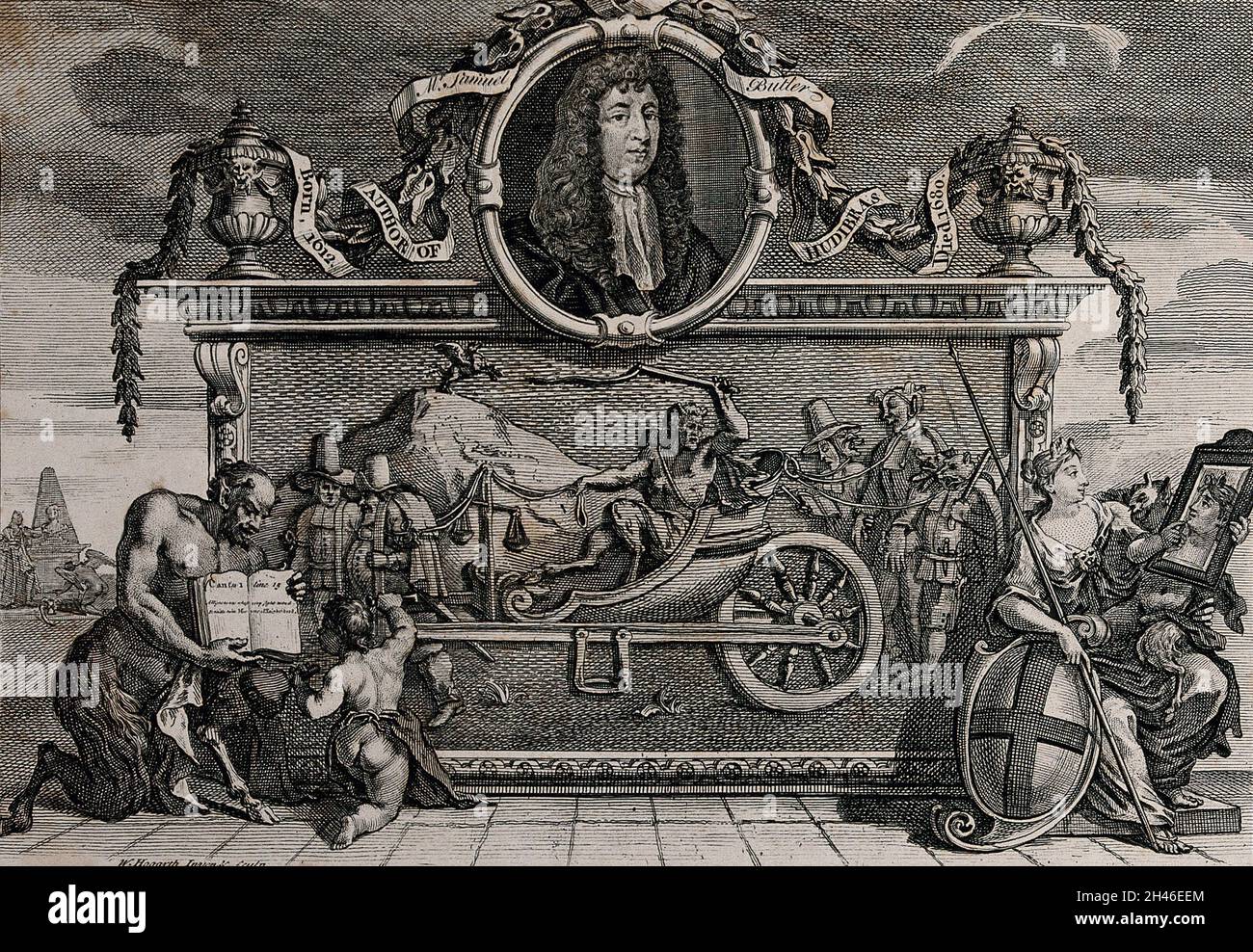 Monument with a portrait of Samuel Butler; a youth sculpts a relief as ...