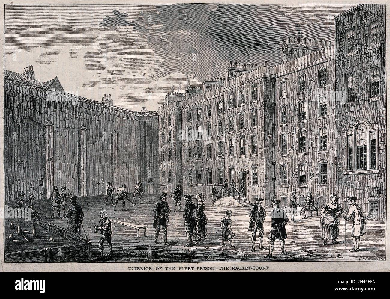 The Fleet Prison, London: the courtyard, with prisoners playing ...