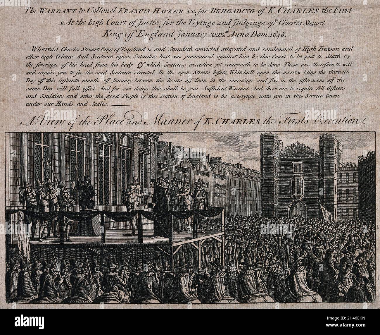 The beheading of King Charles I in Whitehall, 1649. Engraving with ...