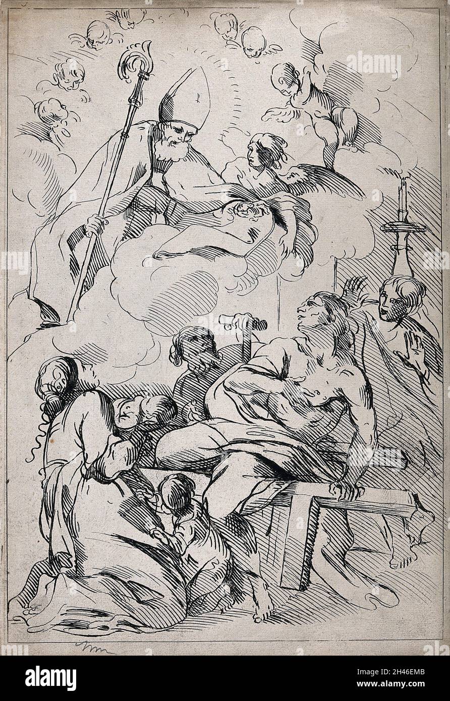 Sick people entreating a bishop saint to intercede for them. Etching by ...