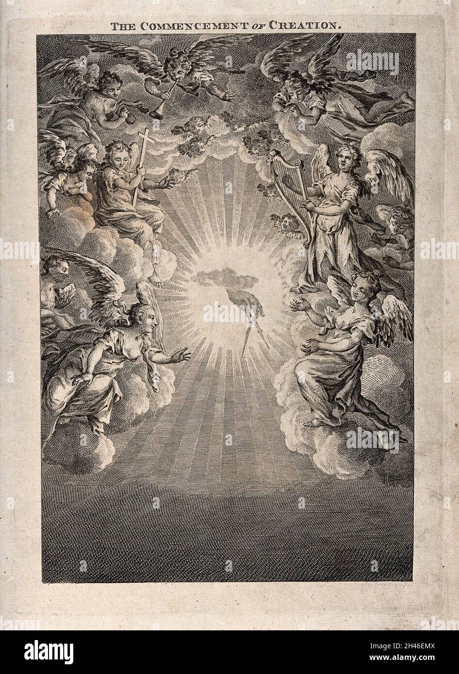 The hand of God spans out heaven with a compass while surrounded by ...