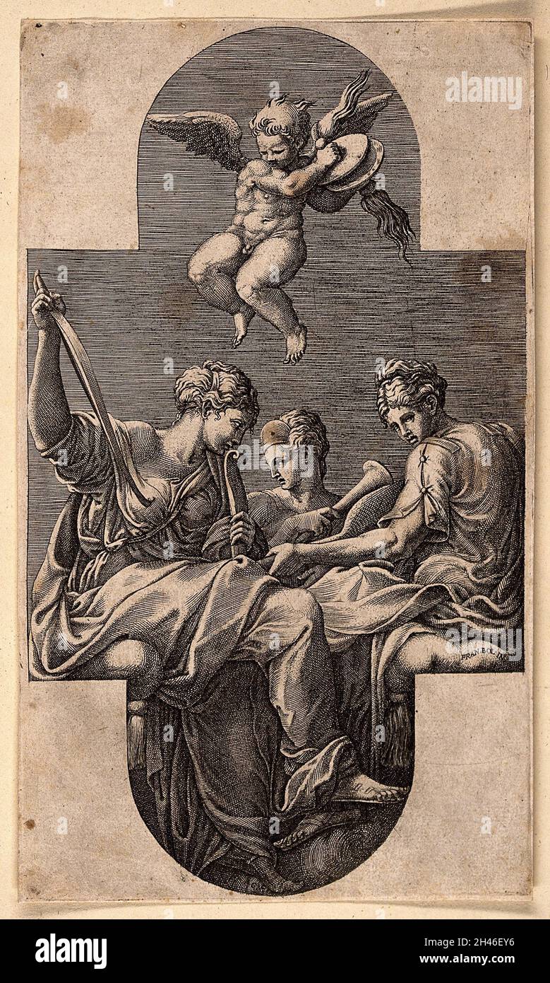 Three muses. Engraving by G. Ghisi after F. Primaticcio Stock Photo - Alamy