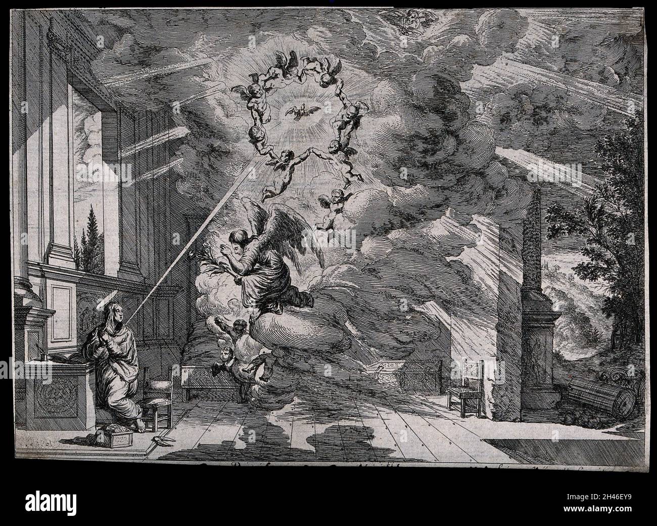 The Virgin looks up at the announcing angel; cherubs spin in a circle ...