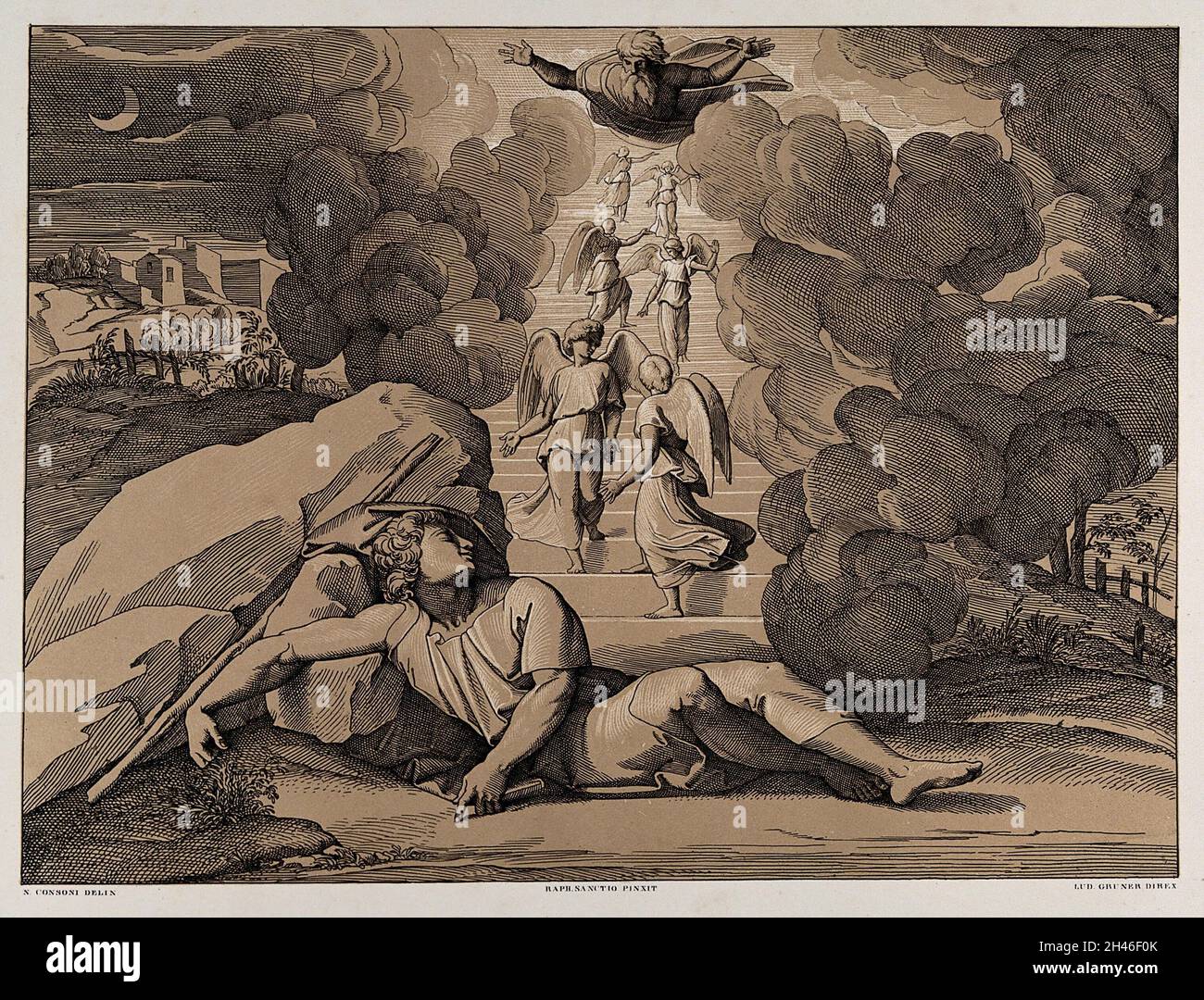 The vision of Jacob's ladder. Colour lithograph by L. Gruner after N ...