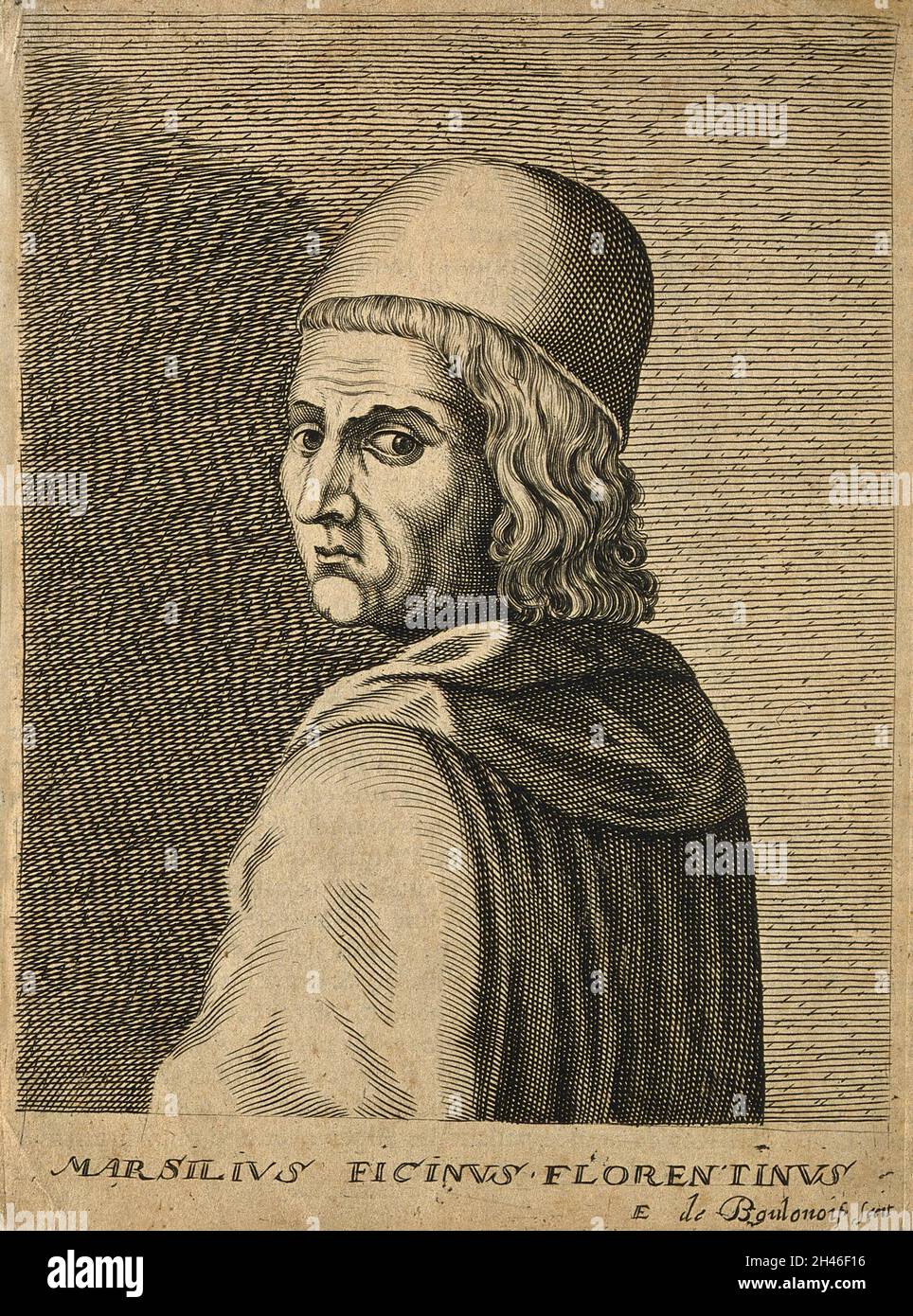 Marsilius Ficinus. Line engraving by E. de Boulonois, 1682, after P ...