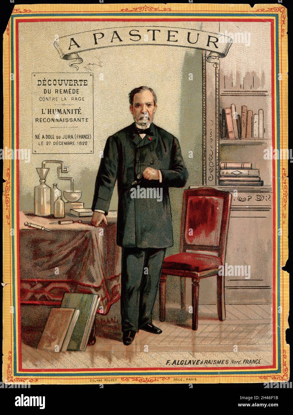 Louis Pasteur, standing, holding eyeglasses, with chemical apparatus ...