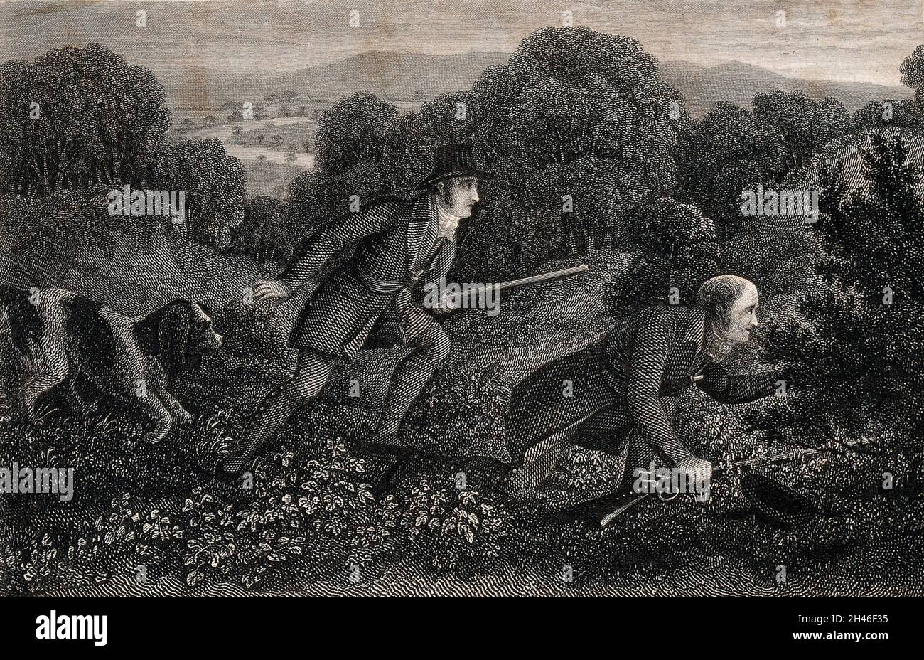 Two huntsmen with their hound hiding behind a bush trying to approach ...