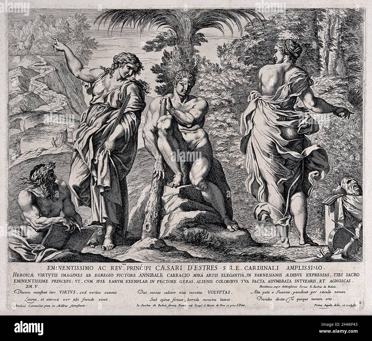 Hercules between Virtue and Vice. Etching by P. Aquila after Annibale ...