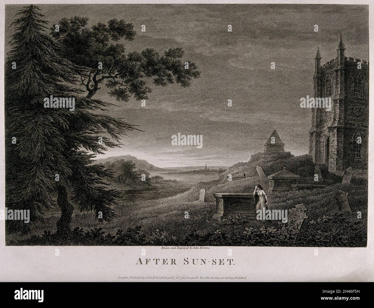 A distressed woman leaning on a tombstone in a deserted graveyard ...