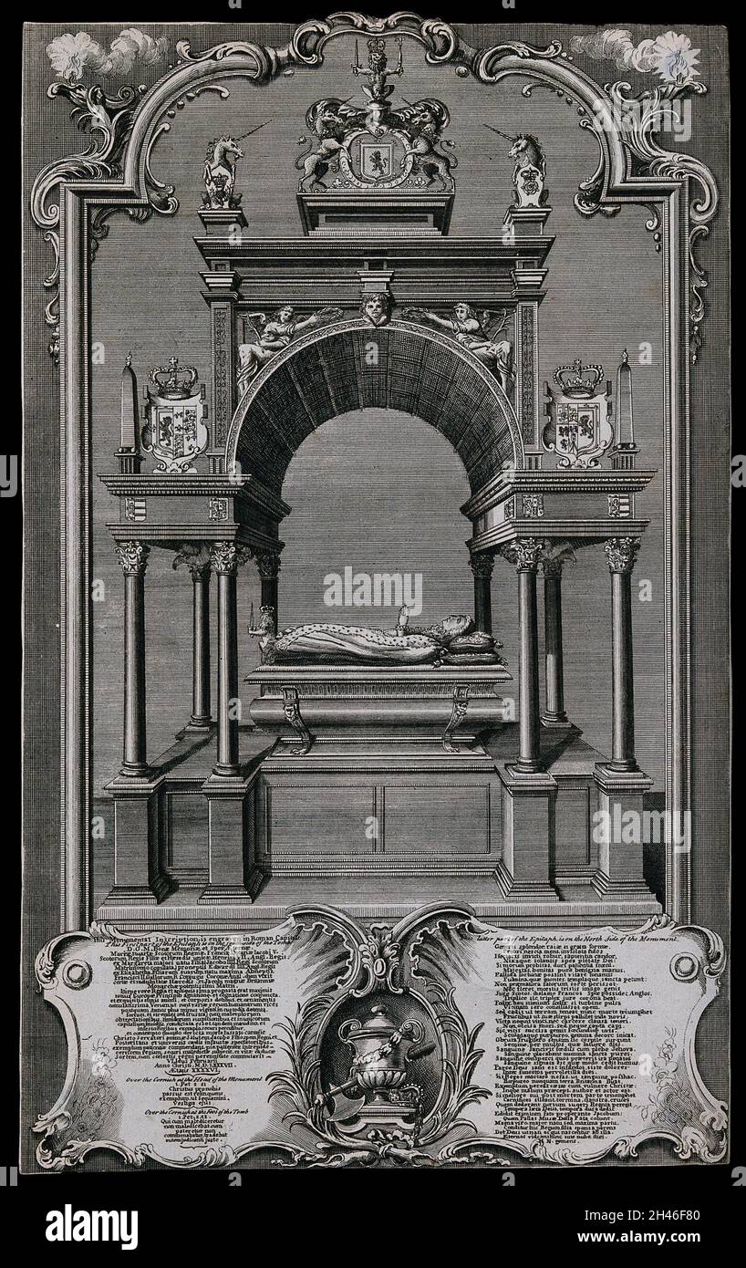 Monument to Maria Stuart with a stone effigy and numerous heraldic ...