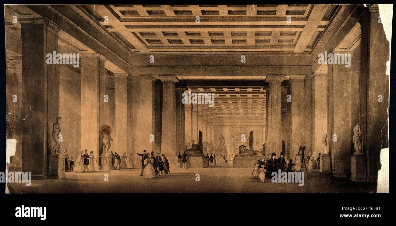The Louvre, Paris: the statue gallery with figures admiring an artist's ...