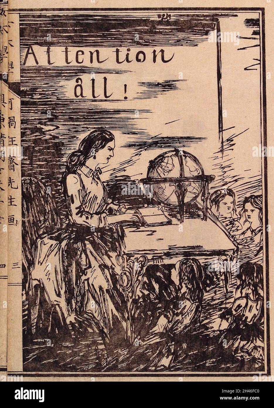 A schoolmistress with a class of girls. Woodcut, 1874 Stock Photo - Alamy