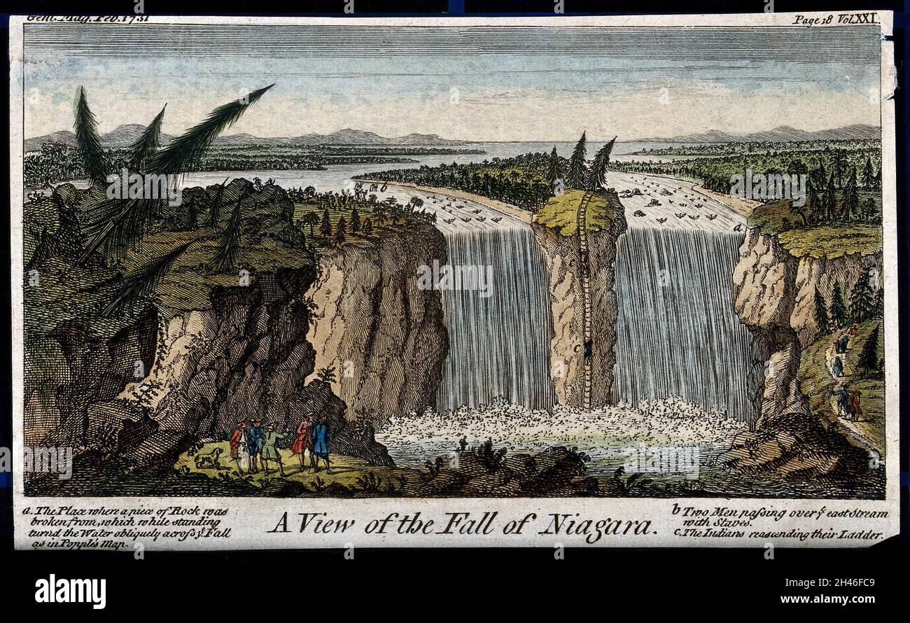 Geography: Niagara Falls, seen from a distance. Coloured engraving ...