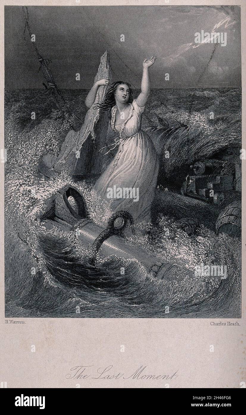 A shipwrecked woman holds on to the remains of a ship-mast waving for ...