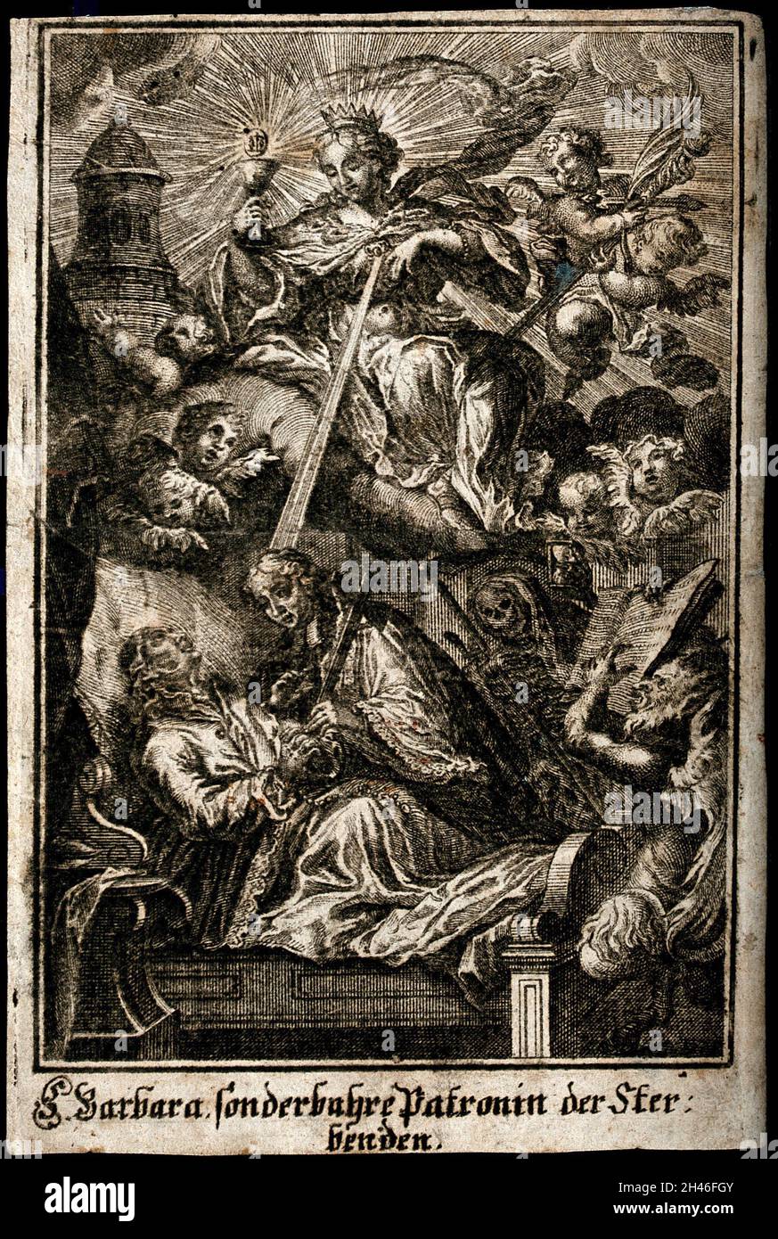 Saint Barbara comforting the dying. Line engraving, 17 Stock Photo - Alamy