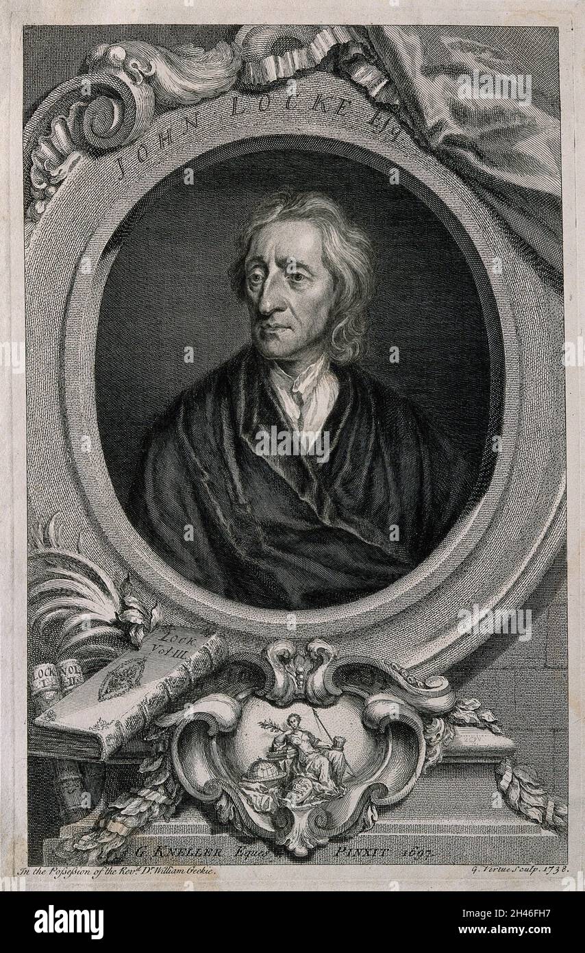 John Locke. Line engraving by G. Vertue, 1738, after Sir G. Kneller ...