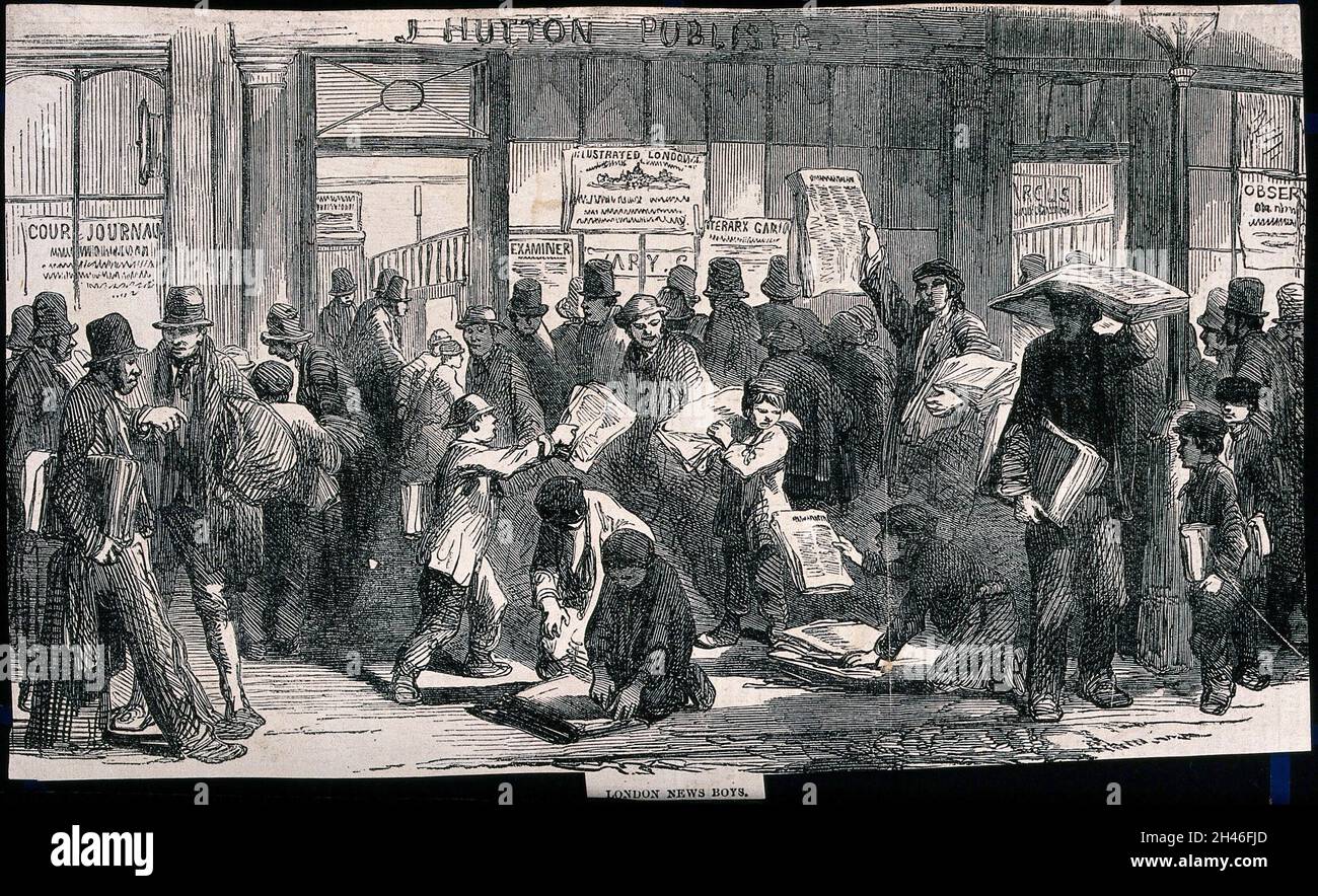 Boys hand out newspapers to the waiting crowds. Wood engraving Stock ...