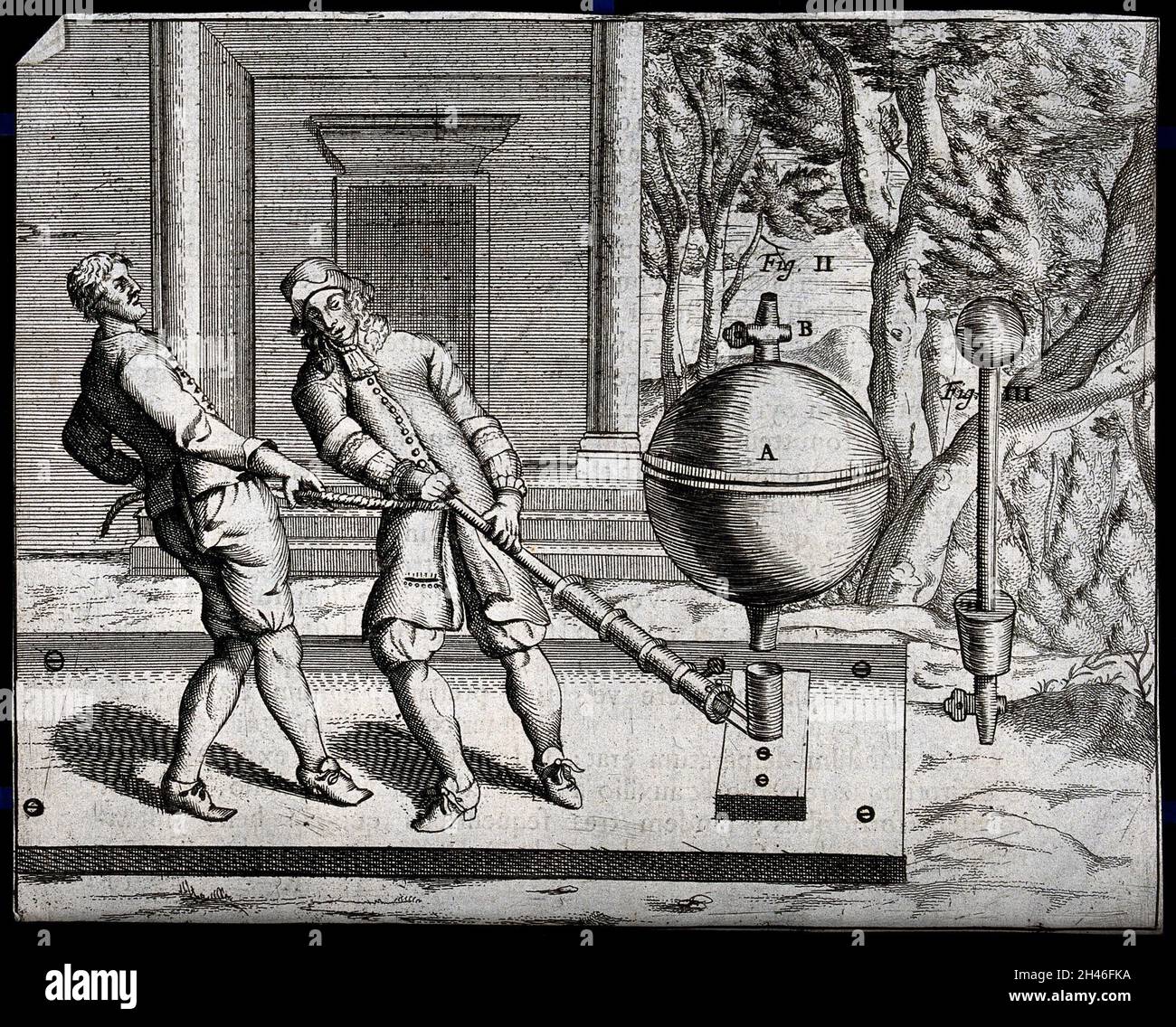 Pneumatics: two men extracting [?] air from an iron sphere. Engraving ...