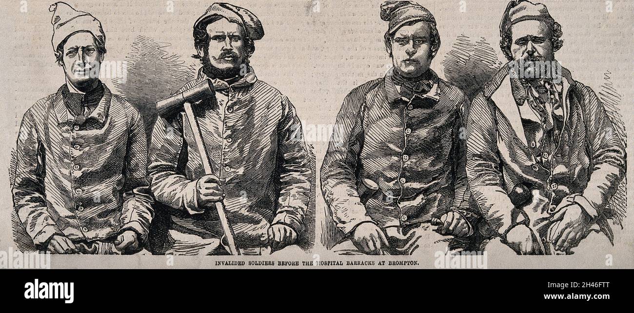 Four invalided soldiers from the hospital barracks at Brompton, London ...