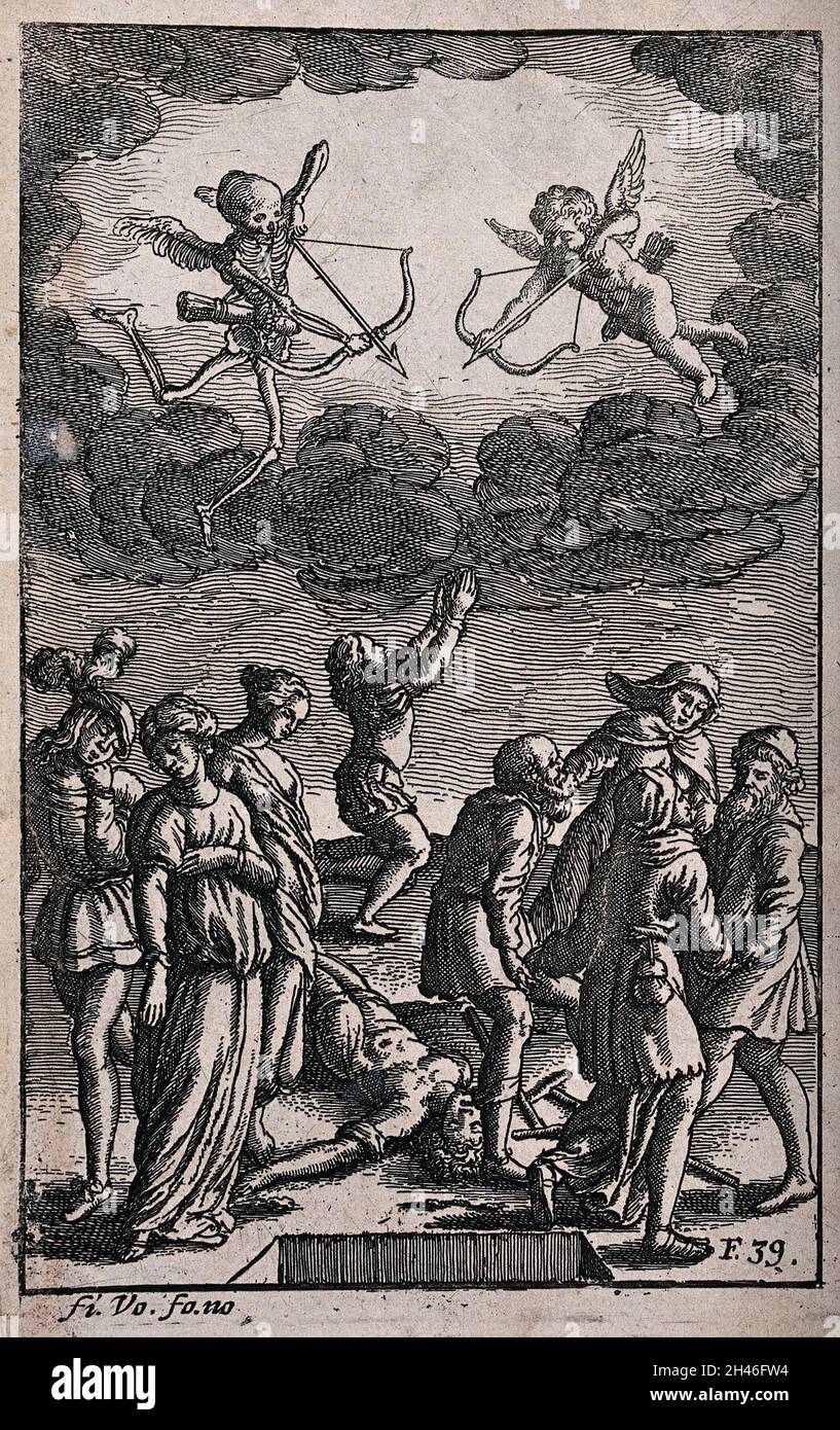 A dead figure lies between two groups of figures with Cupid and a ...