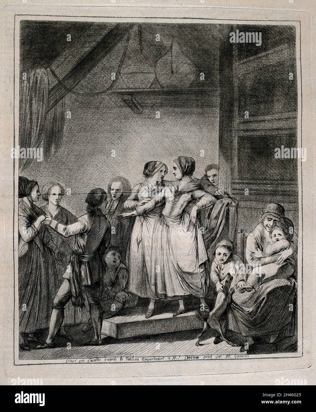 A tableau showing women, men and children, some of whom are wearing ...