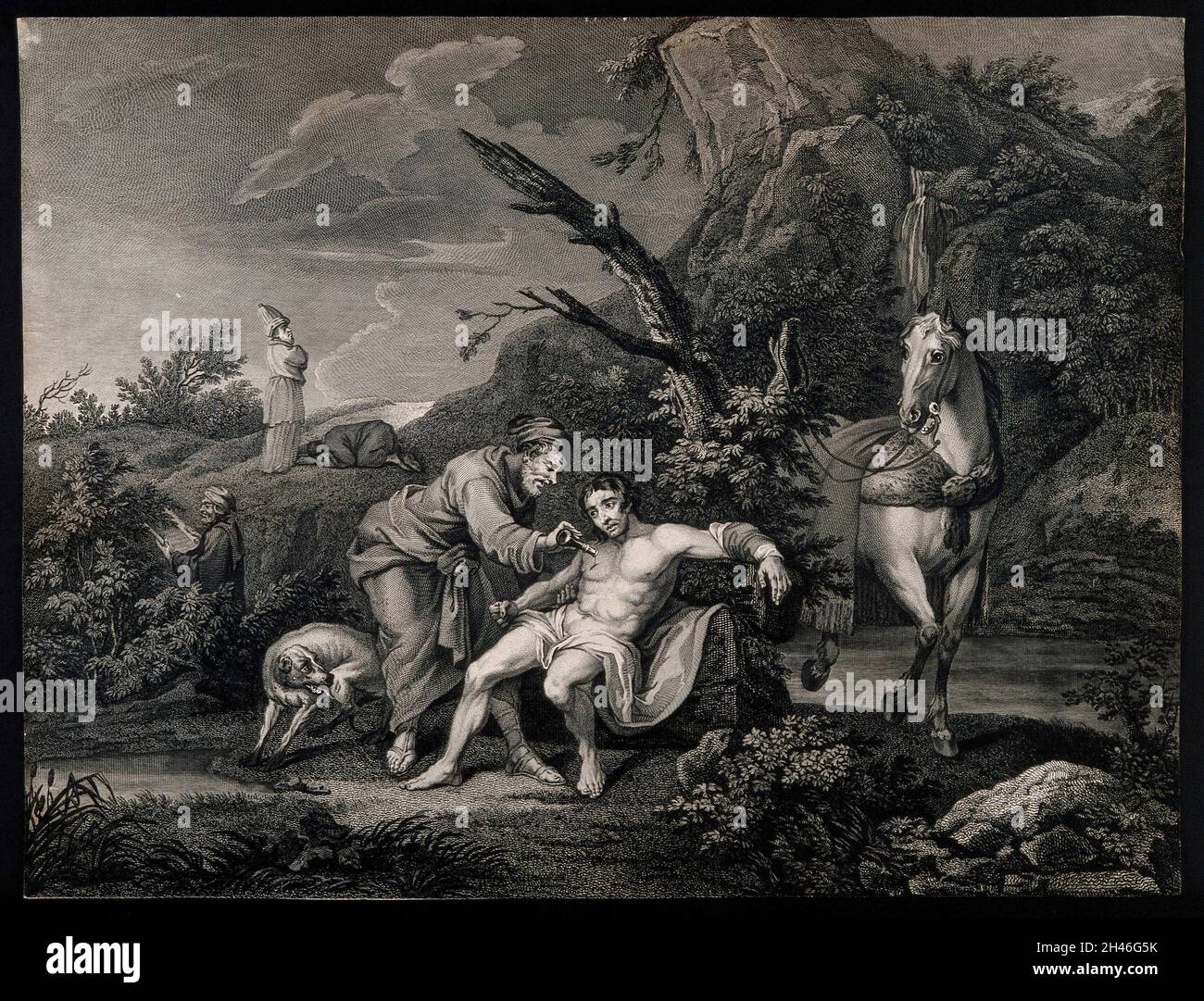 The good Samaritan helping a wounded man while a priest and Levite walk ...