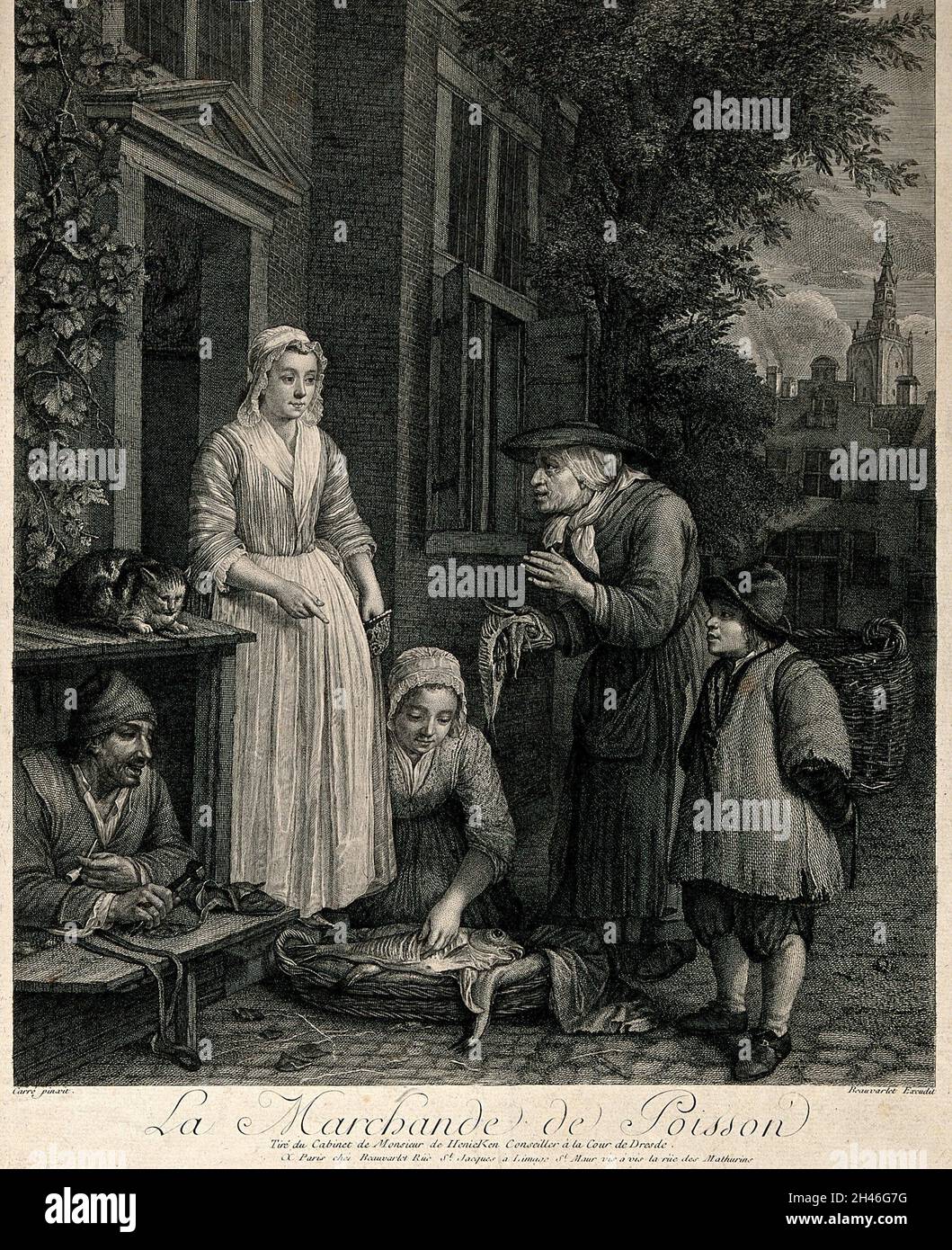 An old fish seller is selling fish on the doorstep to a woman in front ...