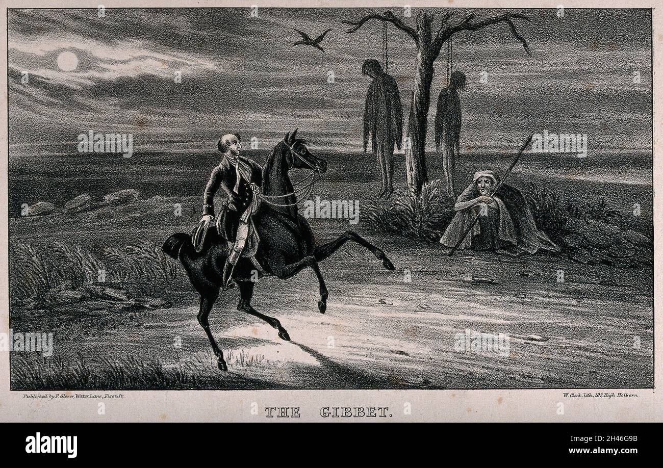 The highwayman Dick Turpin, on horseback, arrives at a tree from which ...