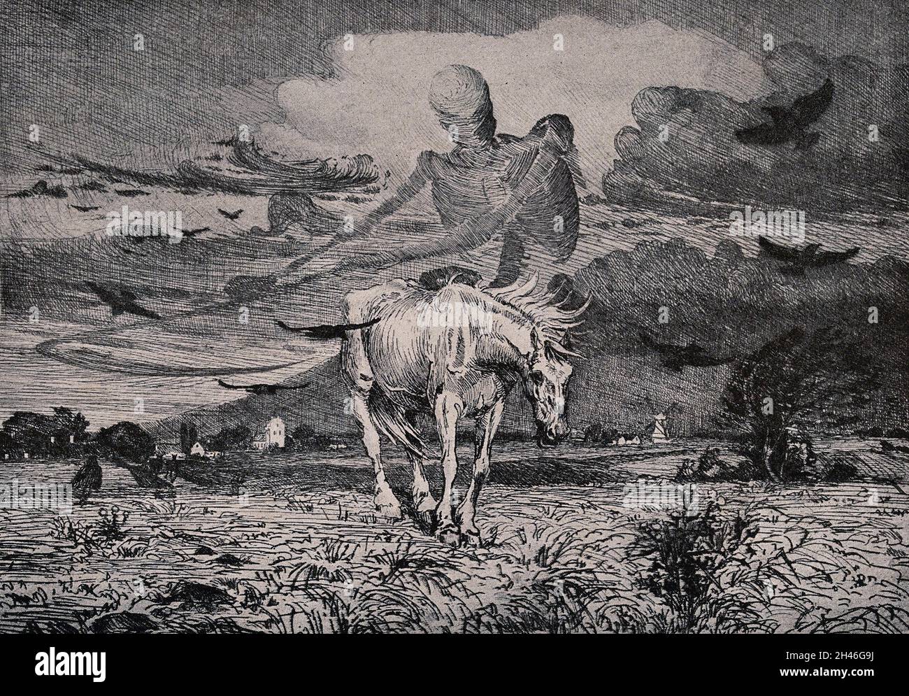 A ghost-like figure of Death appears riding on a horse holding a scythe ...