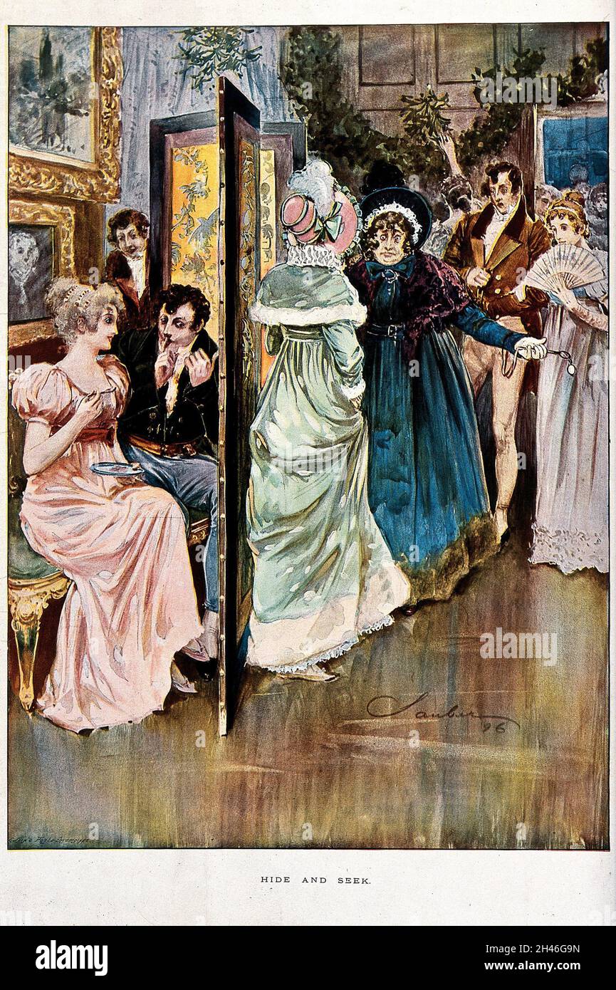 A young couple hide behind a screen while two women search for them ...