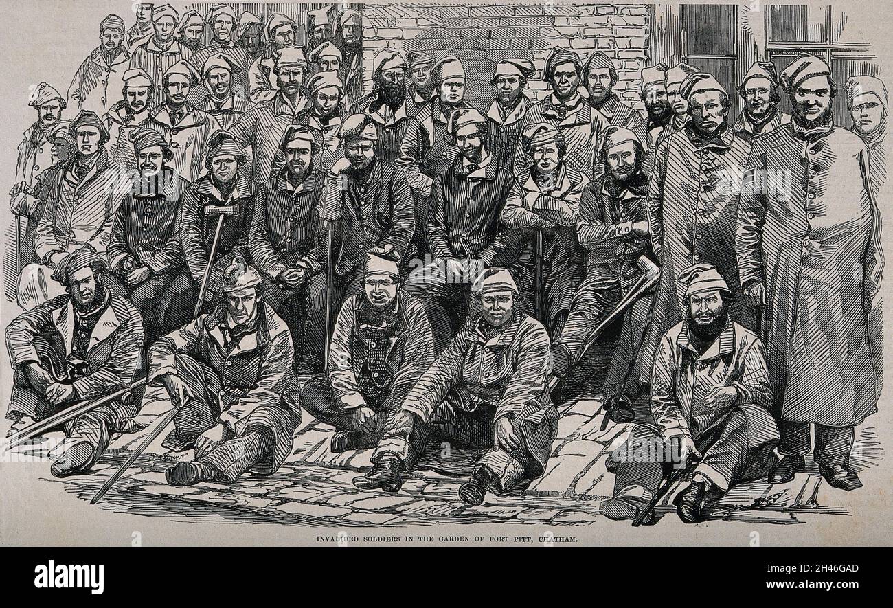 Invalided soldiers assembled in the garden of Fort Pitt Hospital ...