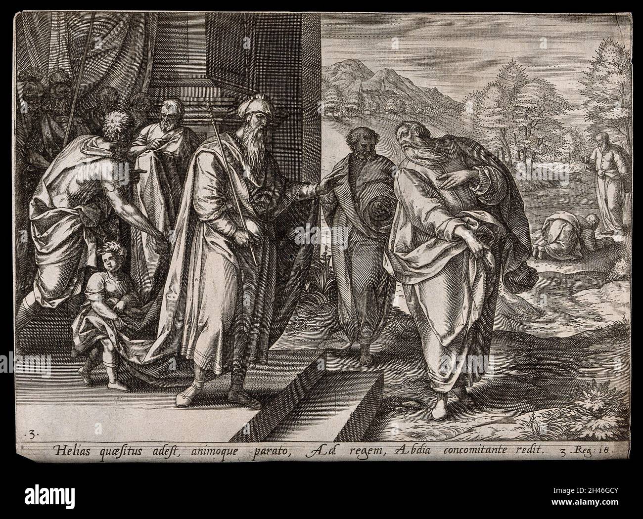 Elijah is led to his confrontation with King Ahab. Engraving, c ...
