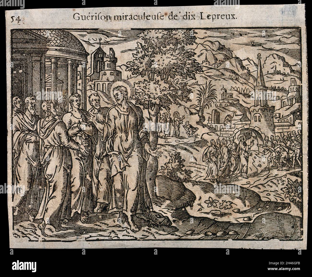 Christ cures ten people with leprosy. Woodcut Stock Photo - Alamy