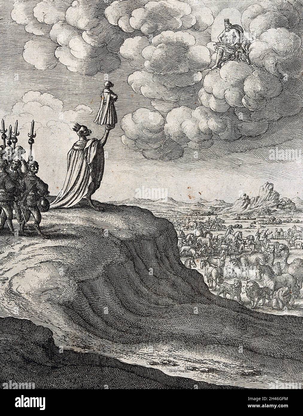 An ape with a robe and a crown, with a bodyguard of apes behind, stands ...