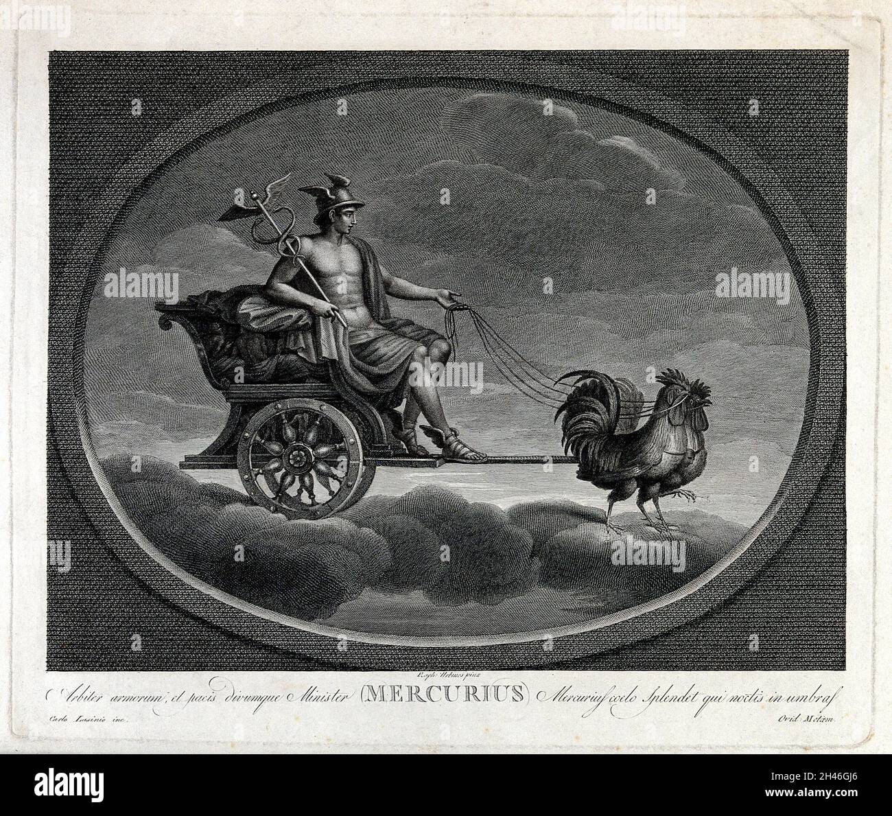Astronomy: Mercury with his caduceus, in his chariot, drawn by ...