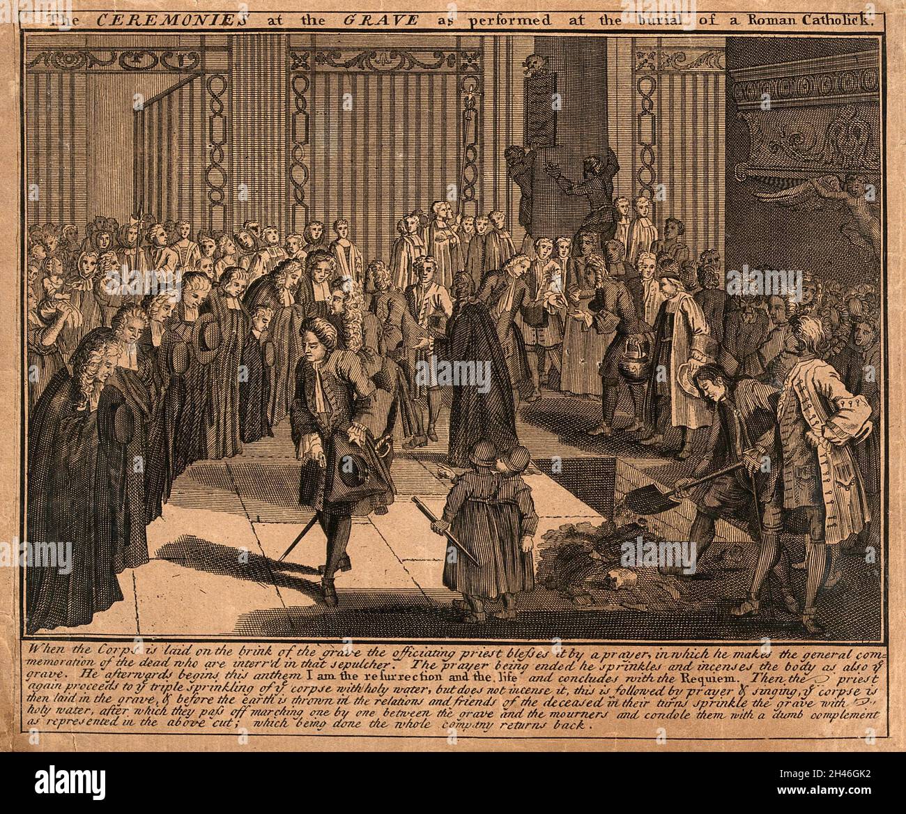 The sacrament of the Roman Catholic church: burial of the dead. Etching ...