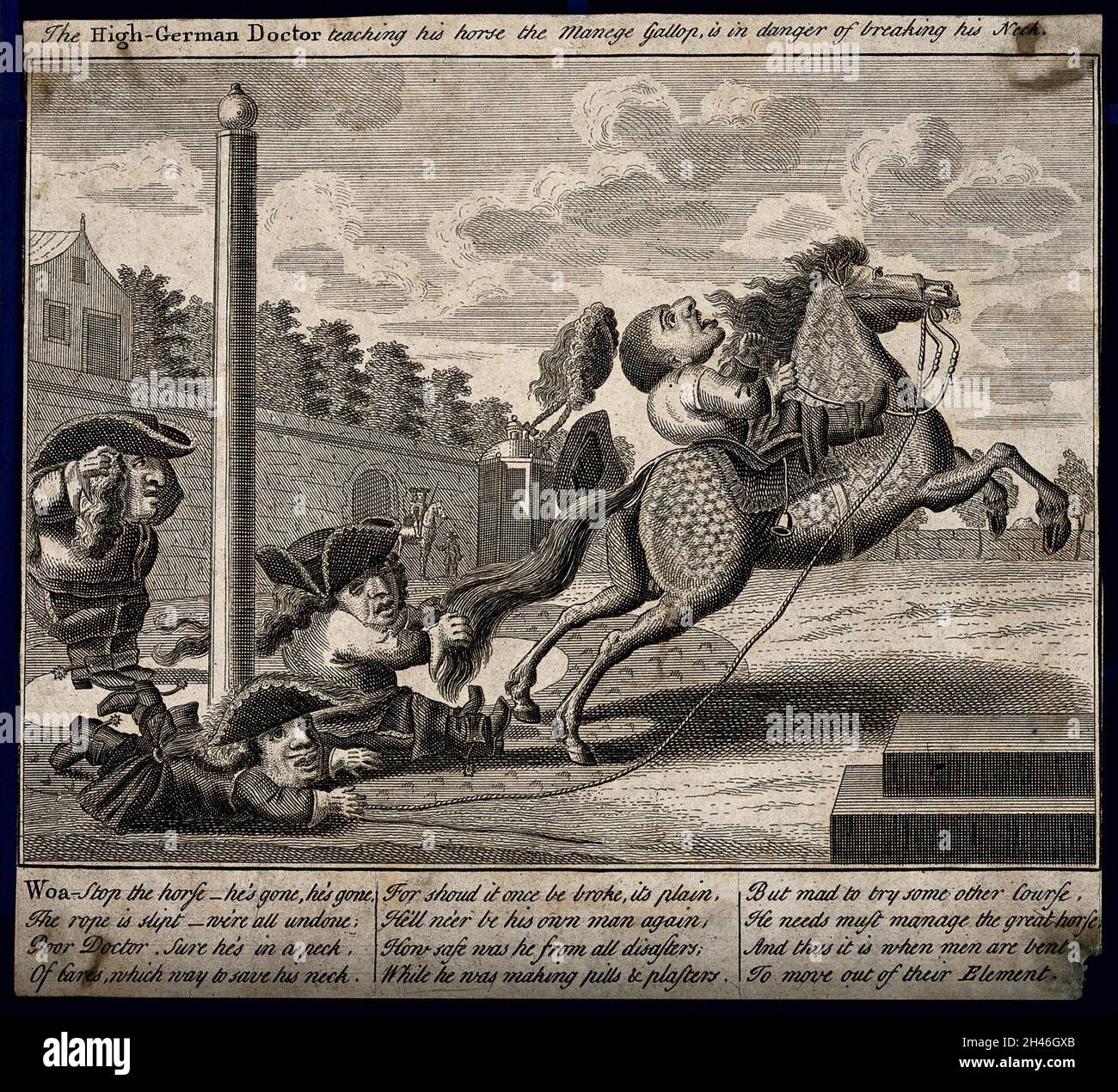 A Dutch quack doctor out of his depth on a spirited horse; implying his ...